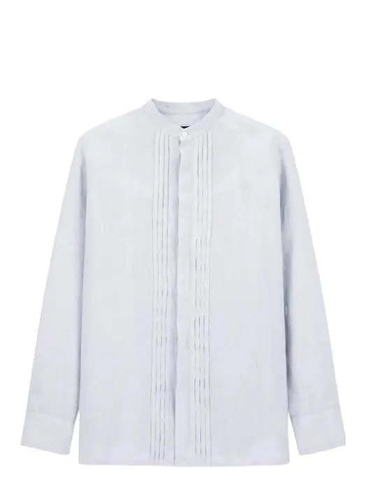 Emporio Armani Garment-dyed Linen Shirt With Guru Collar And Pleated Detail - Natural