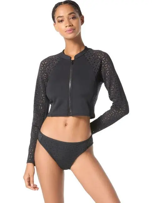 Michael Kors Zip Front Cropped Rash Guard With Logo - 001-black