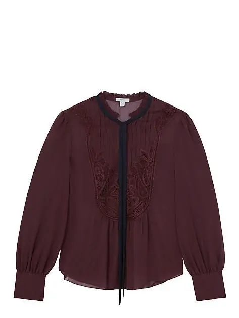 REISS Embroidered Lace Woven Top - Burgundy