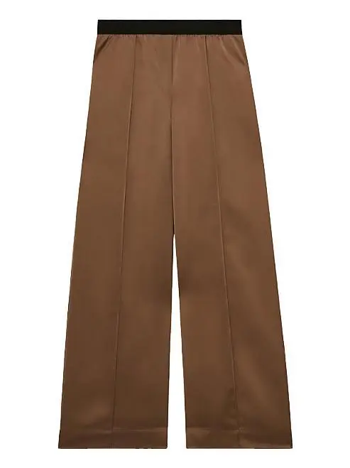 REISS Elasticated-waist Wide-leg Satin Trousers - Taupe Neutral