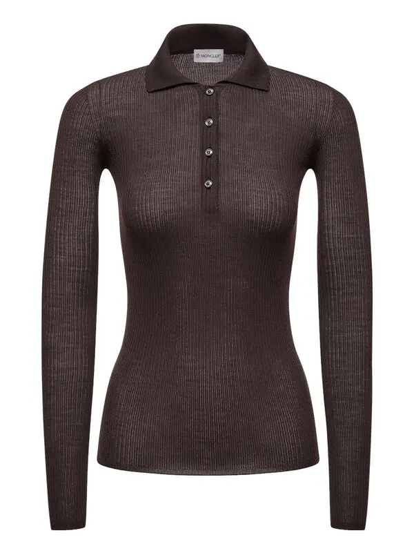 Moncler Wool Long Sleeve Polo Shirt - Brown