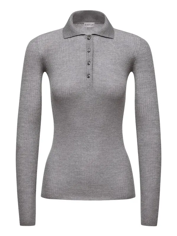 Moncler Wool Long Sleeve Polo Shirt - Grey