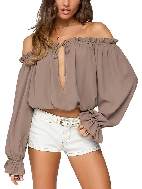 EDIKTED Juna Off-shoulder Ruffle Chiffon Top - Brown