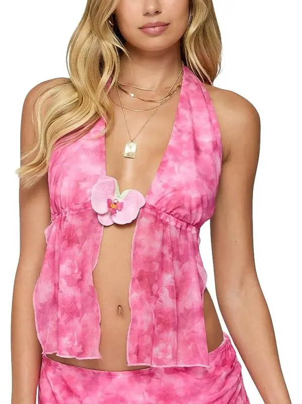 EDIKTED Tie-dye Mesh Backless Top - Pink
