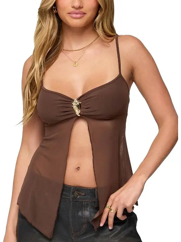 EDIKTED Sheer Mesh Top With Split Front - Brown
