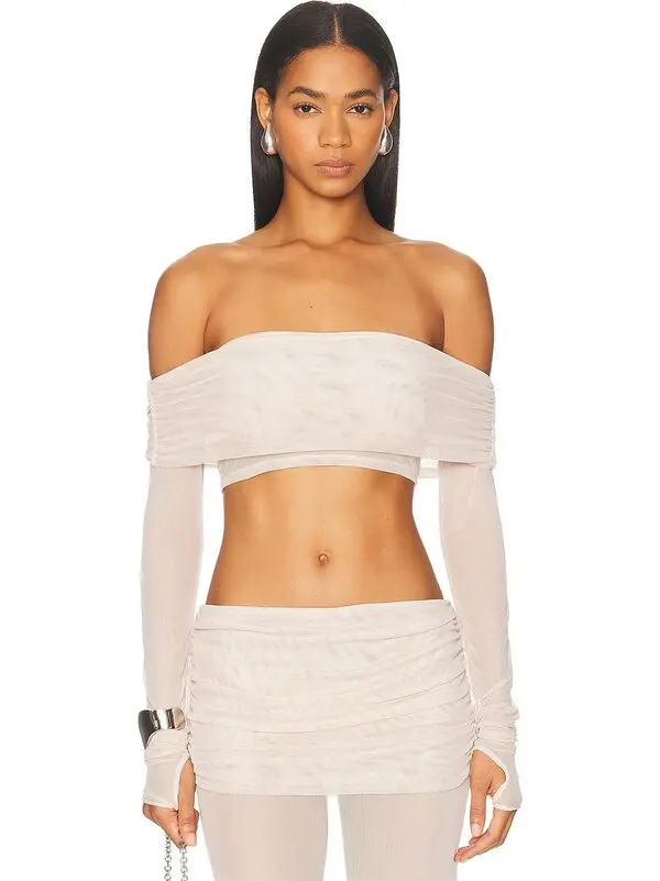 BANANHOT Lena Top Sheer Mesh Off-the-shoulder Crop Top - Macadamia