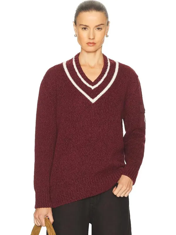 Moncler Long Sleeve V-neck Sweater - Maroon Banner