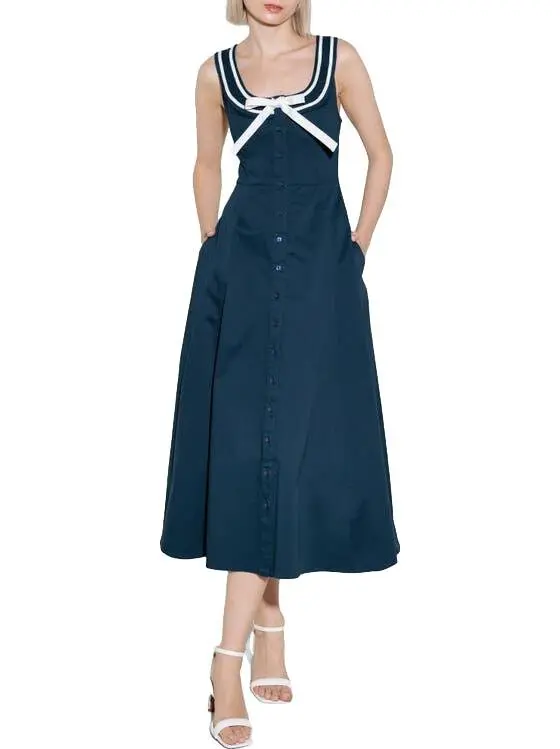 FREEMARKET Sleeveless Fit & Flare Midi Dress - Navy/ White