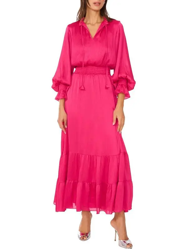Vince Camuto Crinkle Metallic Long Sleeve Tiered Maxi Dress - Beetroot Pink