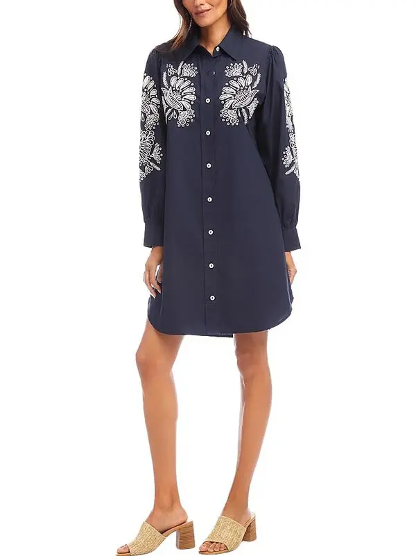 Karen Kane Embroidered Puff Sleeve Shirt Dress - Navy