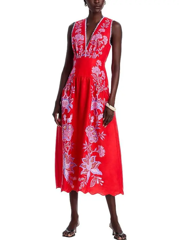 Farm Rio Porcelain Garden Linen Midi Dress - Porcelain Garden Red