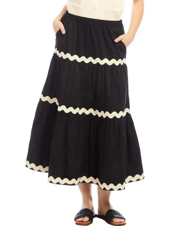 Karen Kane Rickrack Trim Cotton Midi Skirt - Black W/ Natural