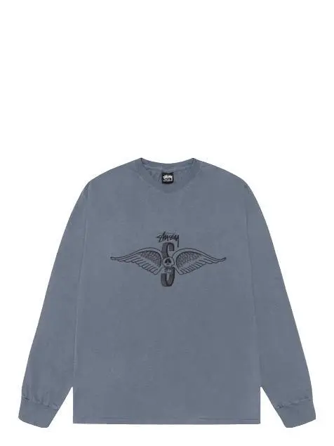 StÜssy Skull Wings Long Sleeve Pigment Dyed Tee Shirt - Navy Blue