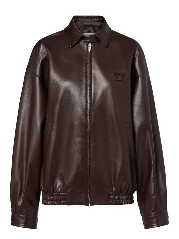 Miu Miu Logo Leather Bomber Jacket - Brown
