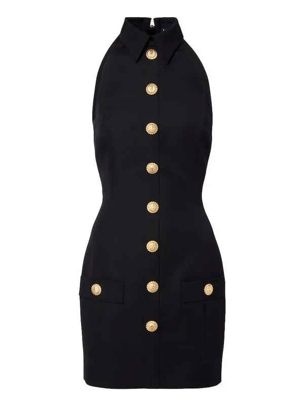 Balmain Halterneck Wool Grain De Poudre Minidress - Black
