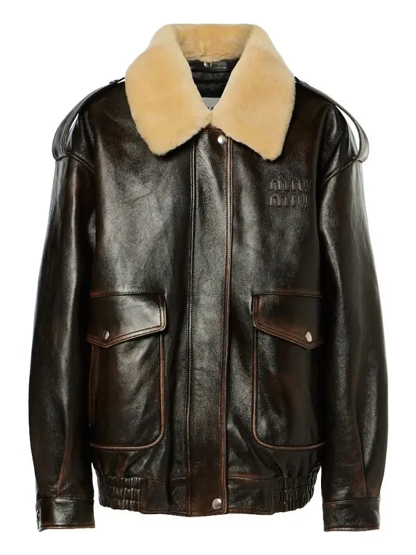 Miu Miu Logo Faux Shearling-trimmed Leather Jacket - Brown
