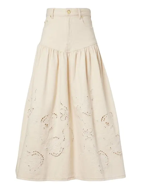 GANNI Broderie Anglaise Gathered Denim Skirt - Beige