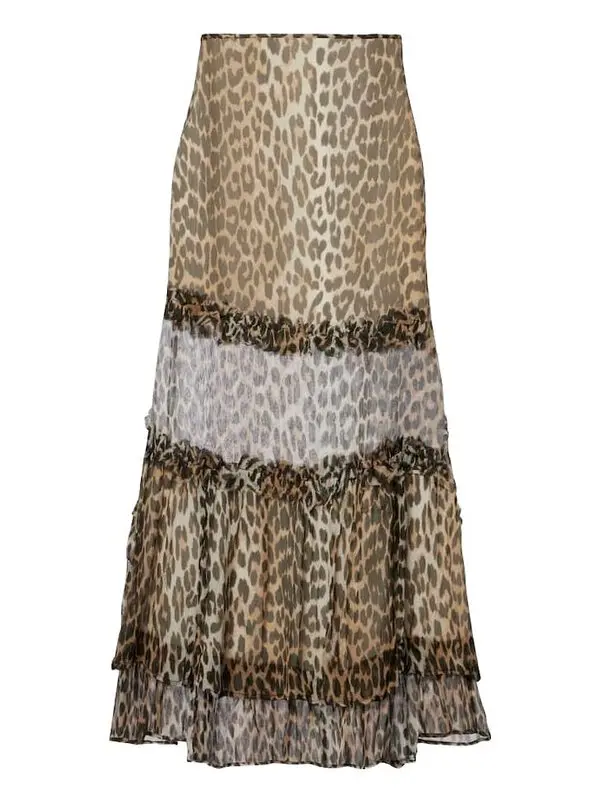 GANNI Leopard-print Ruffled Chiffon Maxi Skirt - Brown
