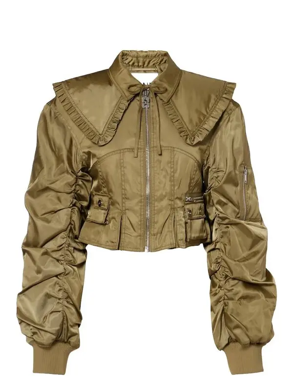 GANNI Cropped Ruched Bomber Jacket - Grey