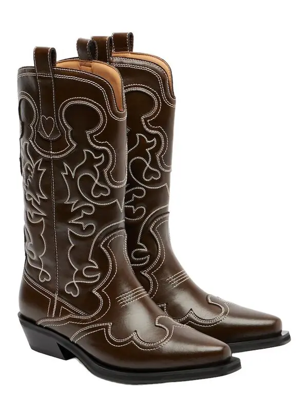 GANNI Mid Shaft Embroidered Cowboy Boots - Brown