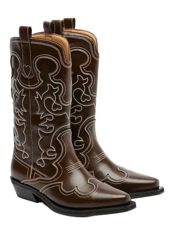 GANNI Mid-shaft Embroidered Cowboy Boots - Brown
