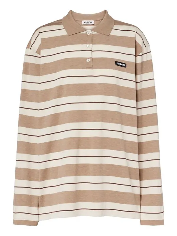 Miu Miu Logo Striped Cotton Jersey Polo Shirt - Beige