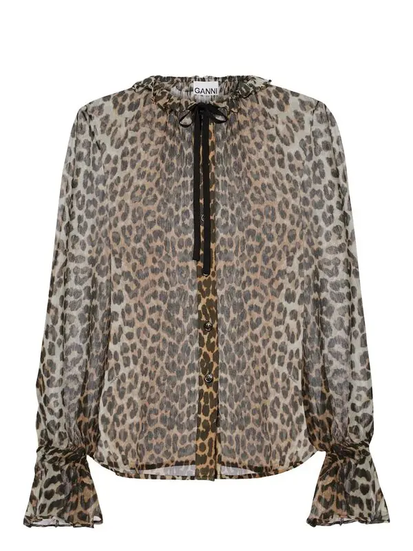 GANNI Leopard-print Chiffon Blouse With Tie-neck - Brown