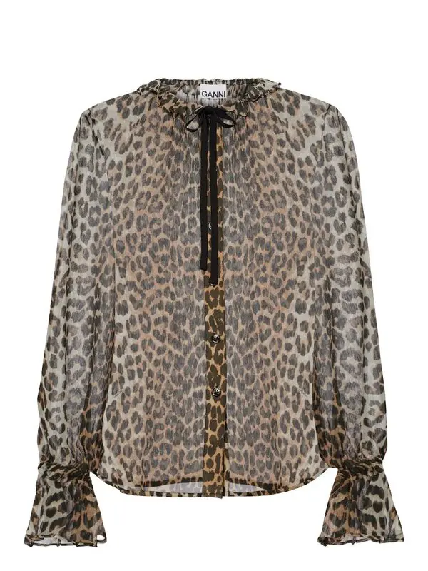 GANNI Leopard-print Chiffon Blouse With Tie-neck - Brown