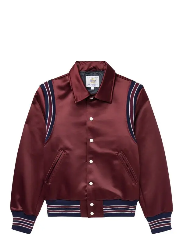 Golden Bear Striped Trimmed Satin Varsity Jacket - Burgundy