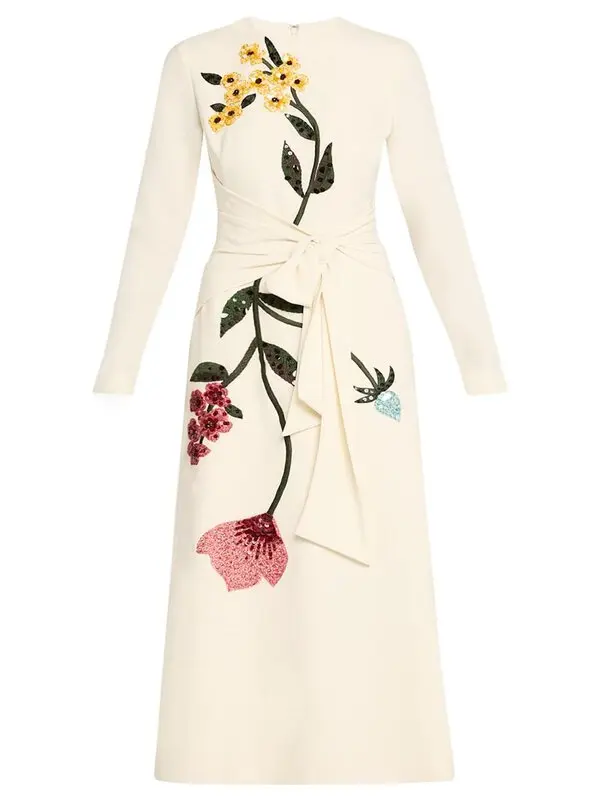 Lela Rose Floral Embroidered Tie Waist Midi Dress - Cream
