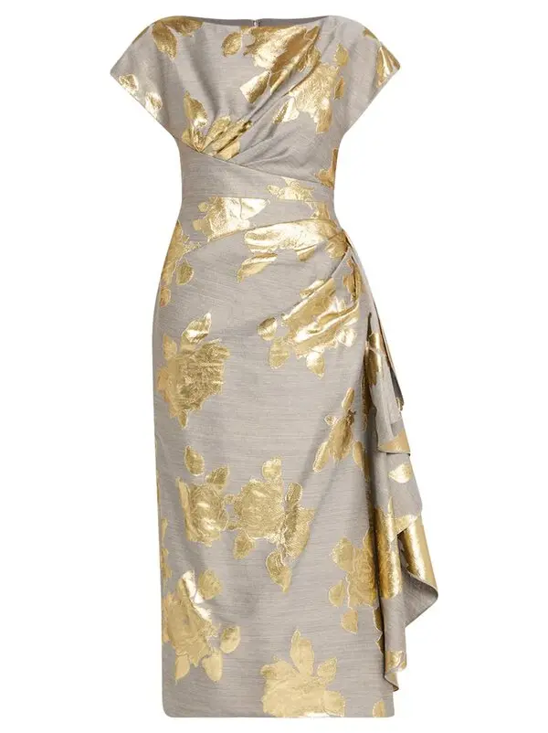 Lela Rose Florence Metallic Floral Jacquard Draped Midi Dress - Gold Grey