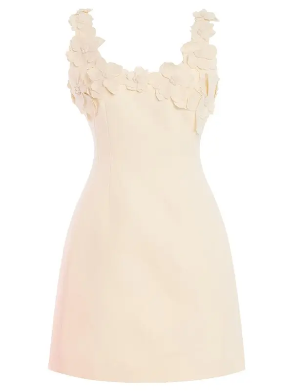Monique Lhuillier Scoop Neck Wool-blend Dress With Floral Neckline - Off-white