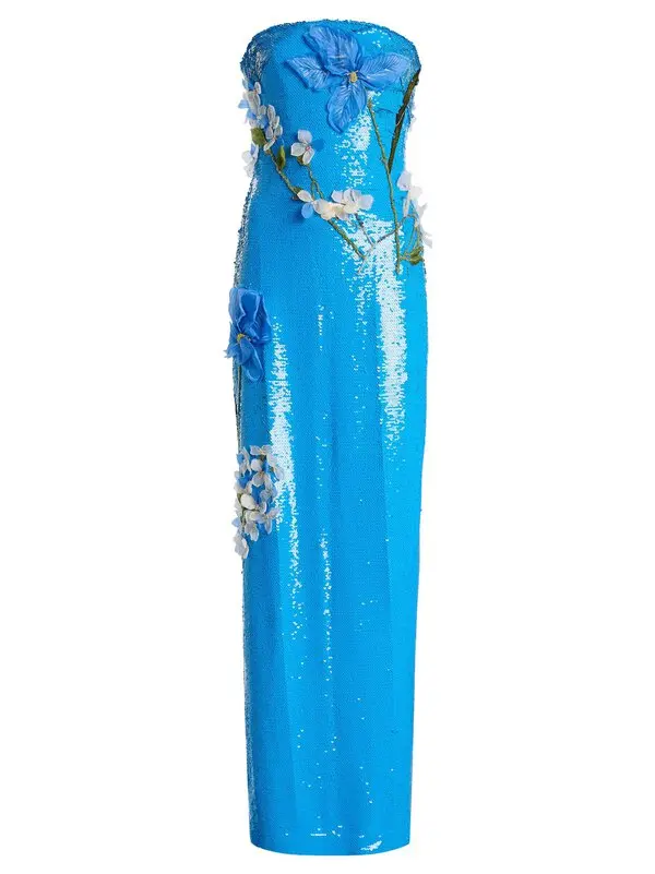 Monique Lhuillier Strapless Sequin Gown With Embroidered Floral Appliques - Blue