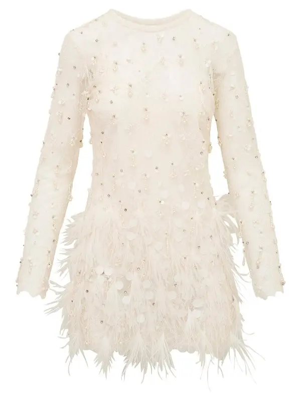 LoveShackFancy Alouetta Embellished Feathered Mini Dress - White