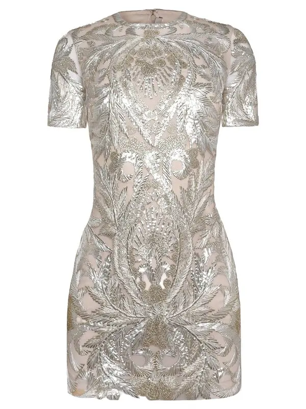 Naeem Khan Threadwork Floral Mini Dress - Silver
