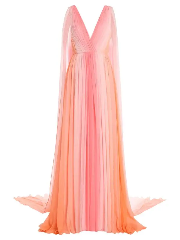 Monique Lhuillier V-neck Pleated Gown With Streamers - Multi