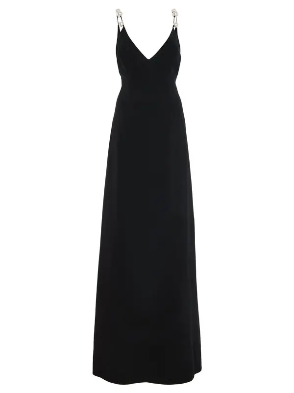 Monique Lhuillier A-line V Neck Wool Blend Gown With Pearl Straps - Black