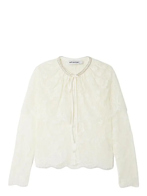 SELF-PORTRAIT Cape-effect Embellished Lace Blouse - White