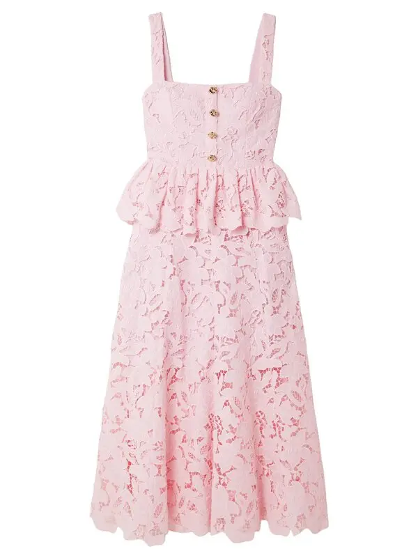 SELF-PORTRAIT Guipure Lace Peplum Midi Dress - Pink