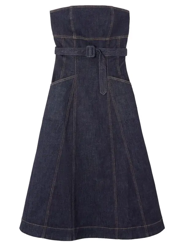 SELF-PORTRAIT Strapless Belted Denim Midi Dress - Blue