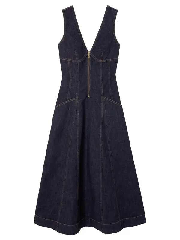 SELF-PORTRAIT Paneled Denim Midi Dress - Blue