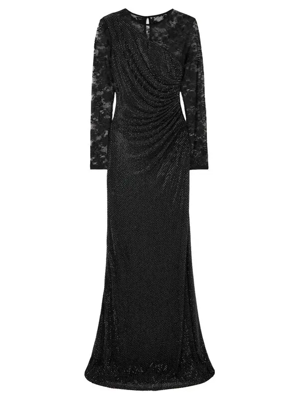 SELF-PORTRAIT Lace Trimmed Crystal Embellished Jersey Gown - Black