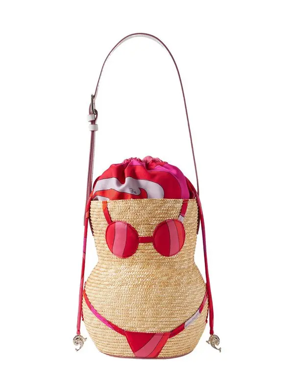 Emilio Pucci Nella Leather-trimmed Raffia And Printed Satin-twill Tote - Neutrals