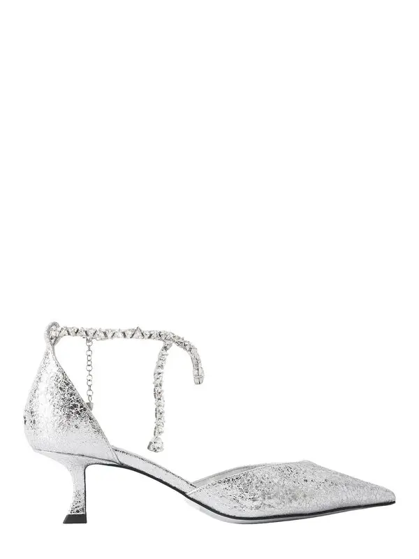 JIMMY CHOO Stevie 50 Crystal-embellished Metallic Crinkled-leather Pumps - Silver