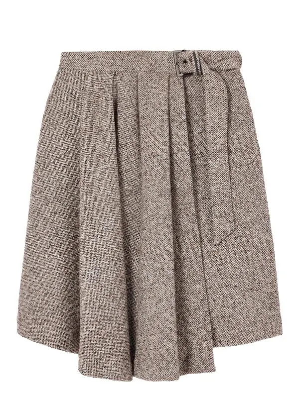 Brunello Cucinelli Belted Asymmetric Pleated Wool-blend Wrap Skirt With Bead Embellishment - Neutrals
