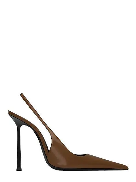 Saint Laurent Vendome Flared Stiletto Slingback Pumps - Soil Brown Smooth Leather