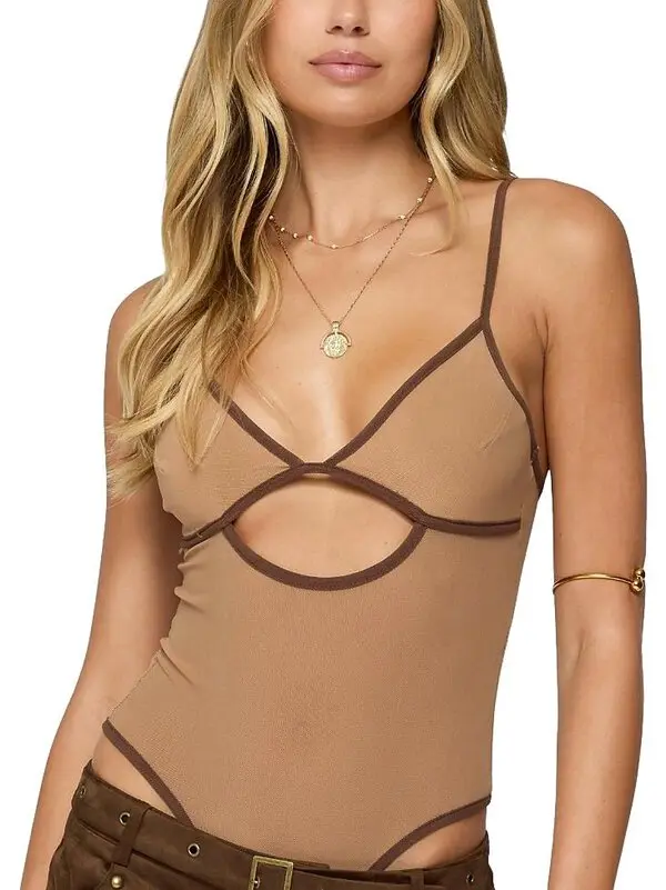 EDIKTED Contrast Sheer Mesh Cut Out Bodysuit - Brown