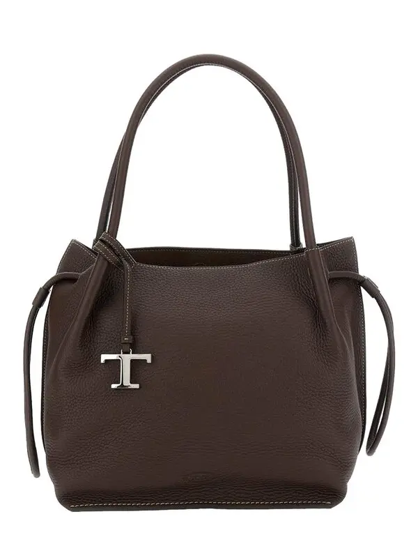 TOD'S Grained Leather Shoulder Bag With Drawstring Closure - Brown