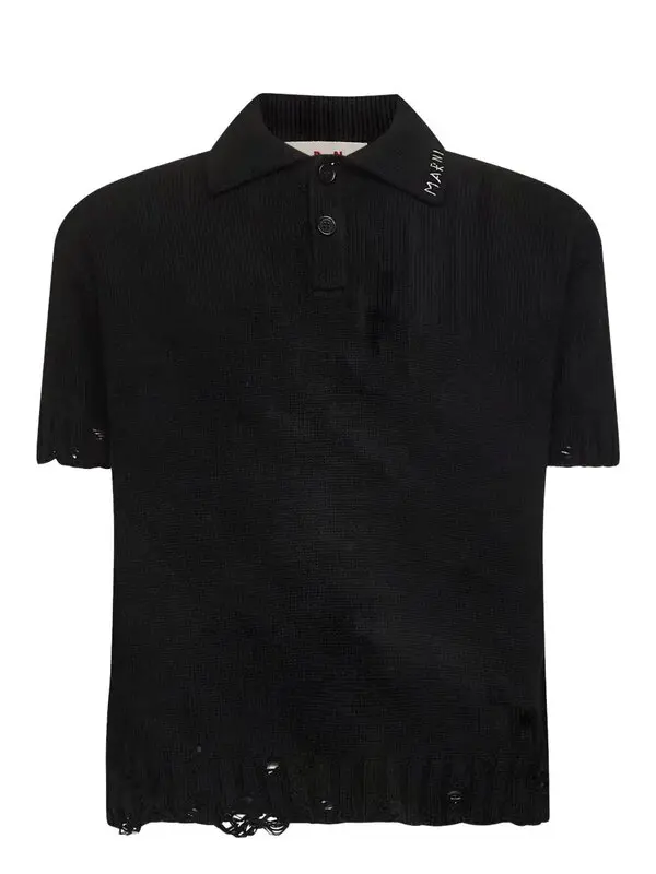 Marni Ribbed-collar Frayed-edge Polo Shirt - Black