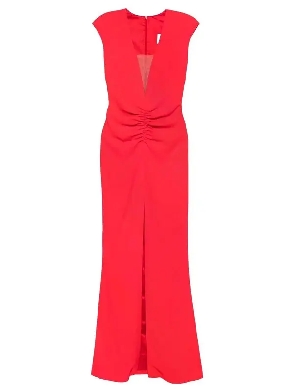 SILK LOVE & LACE Ruched-front Split Maxi Dress - Red